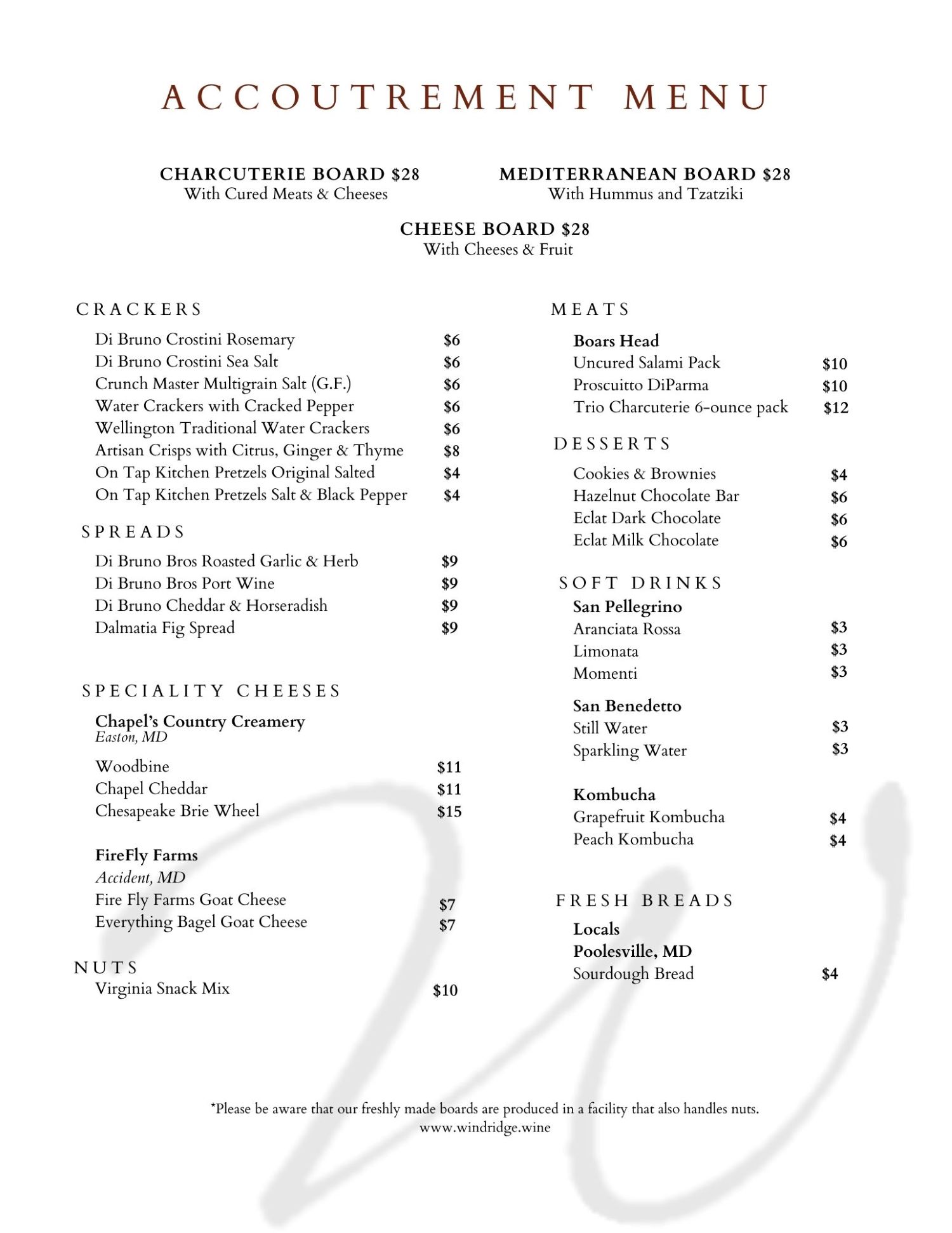 Menu | Windridge Vineyards