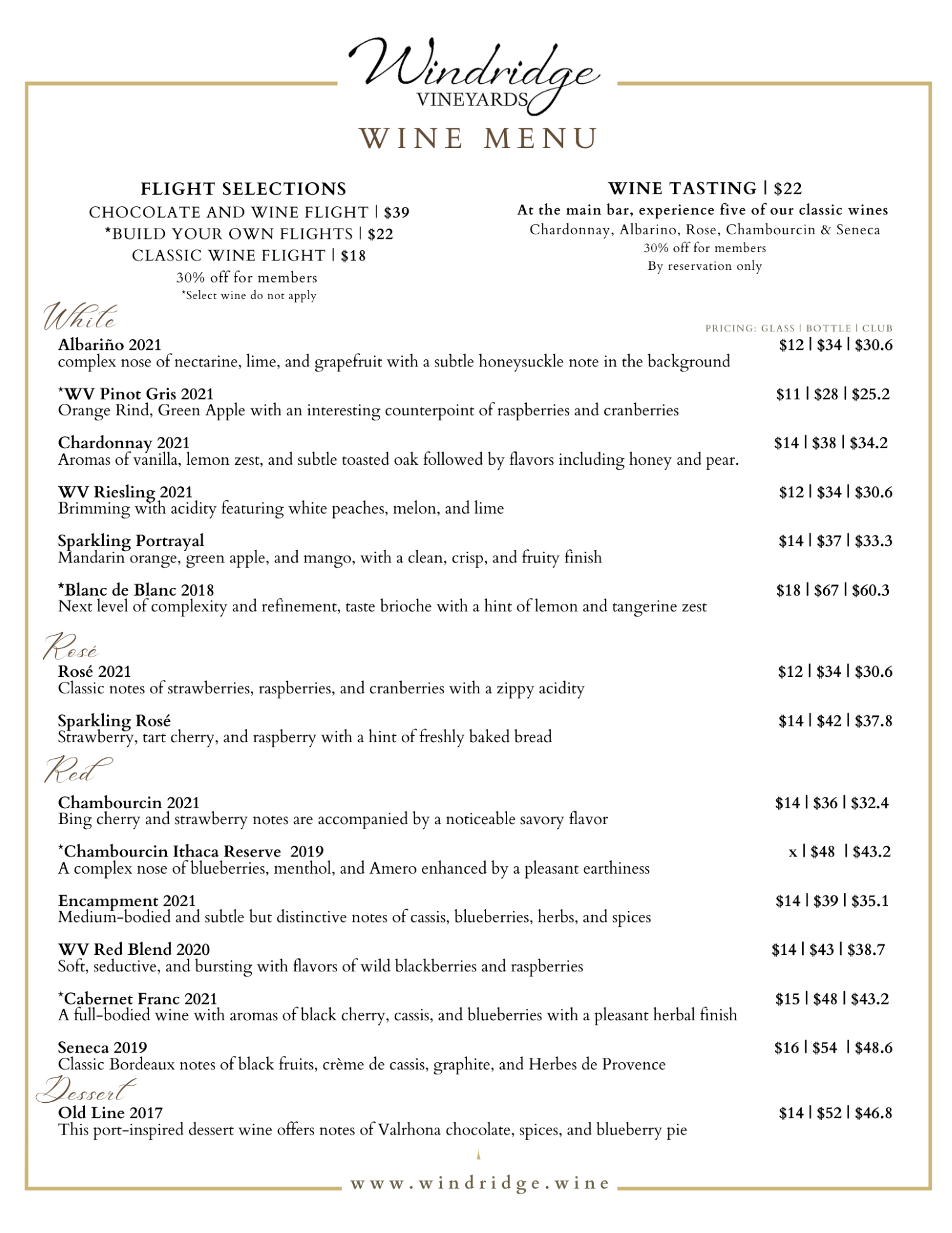 Menu | Windridge Vineyards